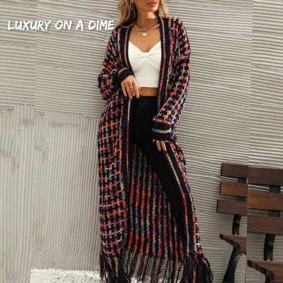 Sweaters | Retro Knit Bold Colorful Fringe Hem Longline Duster Sweater ...